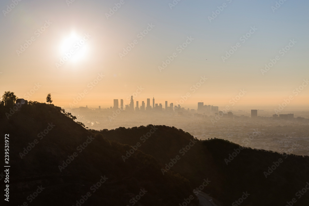 Sunny morning skyline view of downtown Los Angeles from Runyon Park and ...