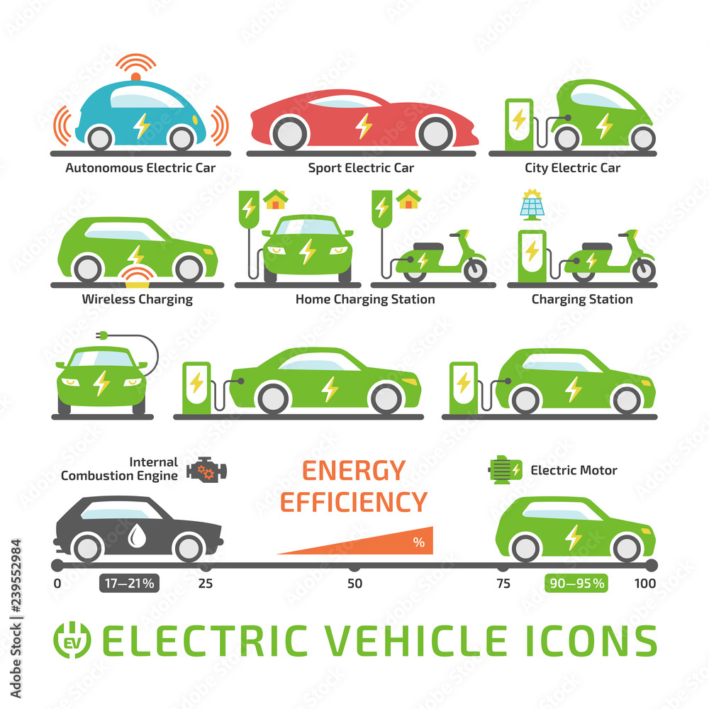 Electric car color icon set. Electricity vehicle vector pictogram ...