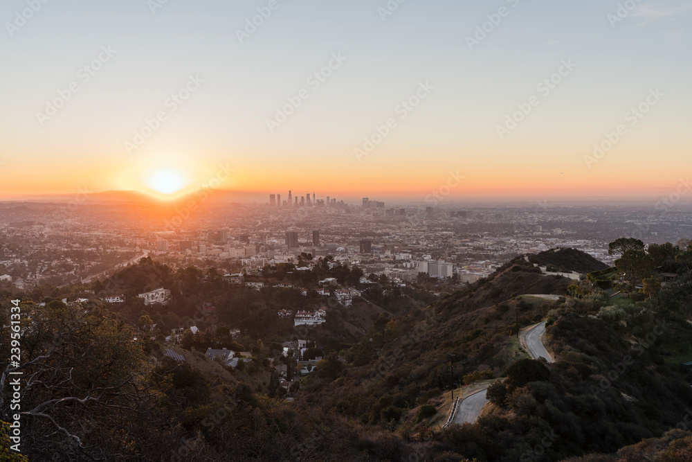 Sunrise cityscape view towards Hollywood and downtown Los Angeles from ...