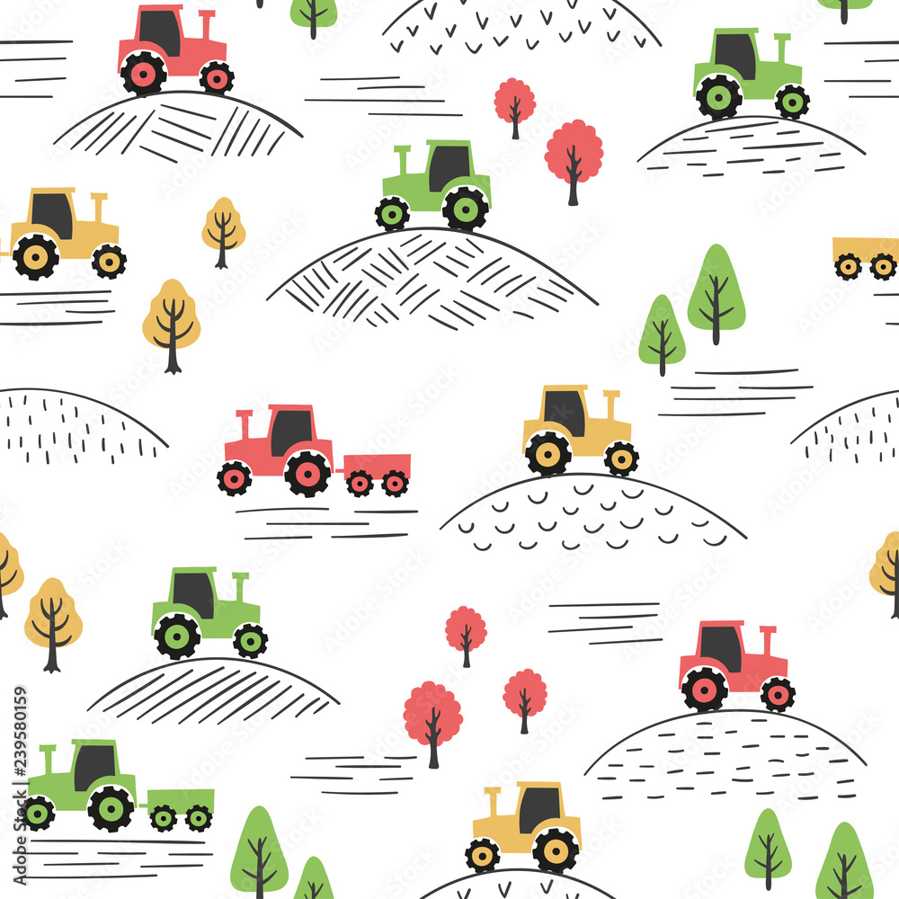 Seamless colorful pattern with doodle tractors. Stock Vector | Adobe Stock