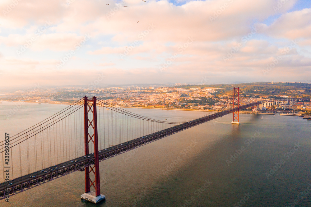 Aerial view of the 25 April bridge is a steel suspension bridge located ...