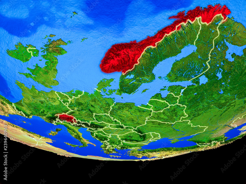 EFTA countries from space on model of planet Earth with country borders ...