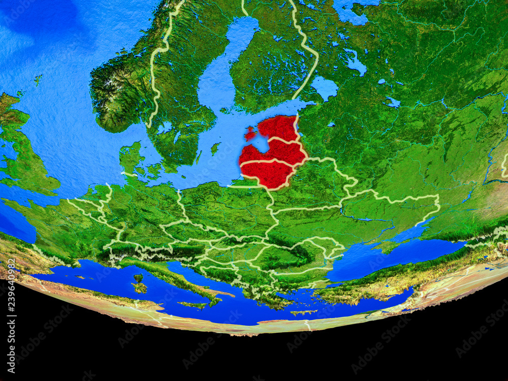 Baltic States from space on model of planet Earth with country borders ...