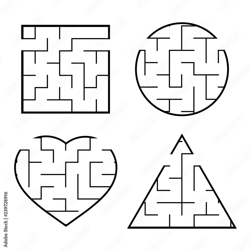 A set of easy mazes. Circle, square, triangle, heart. Game for kids ...