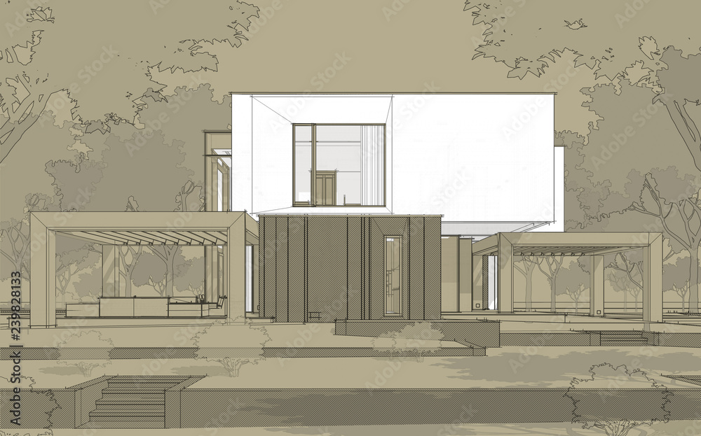 3d rendering sketch of modern cozy house in garden with garage for sale ...