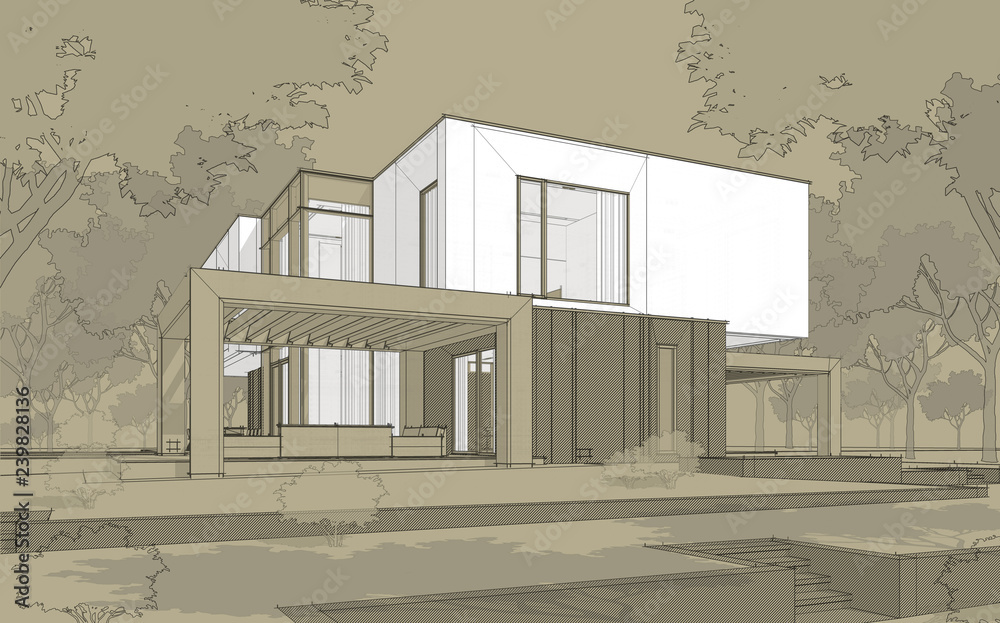 Ilustración de Stock 3d rendering sketch of modern cozy house in garden ...