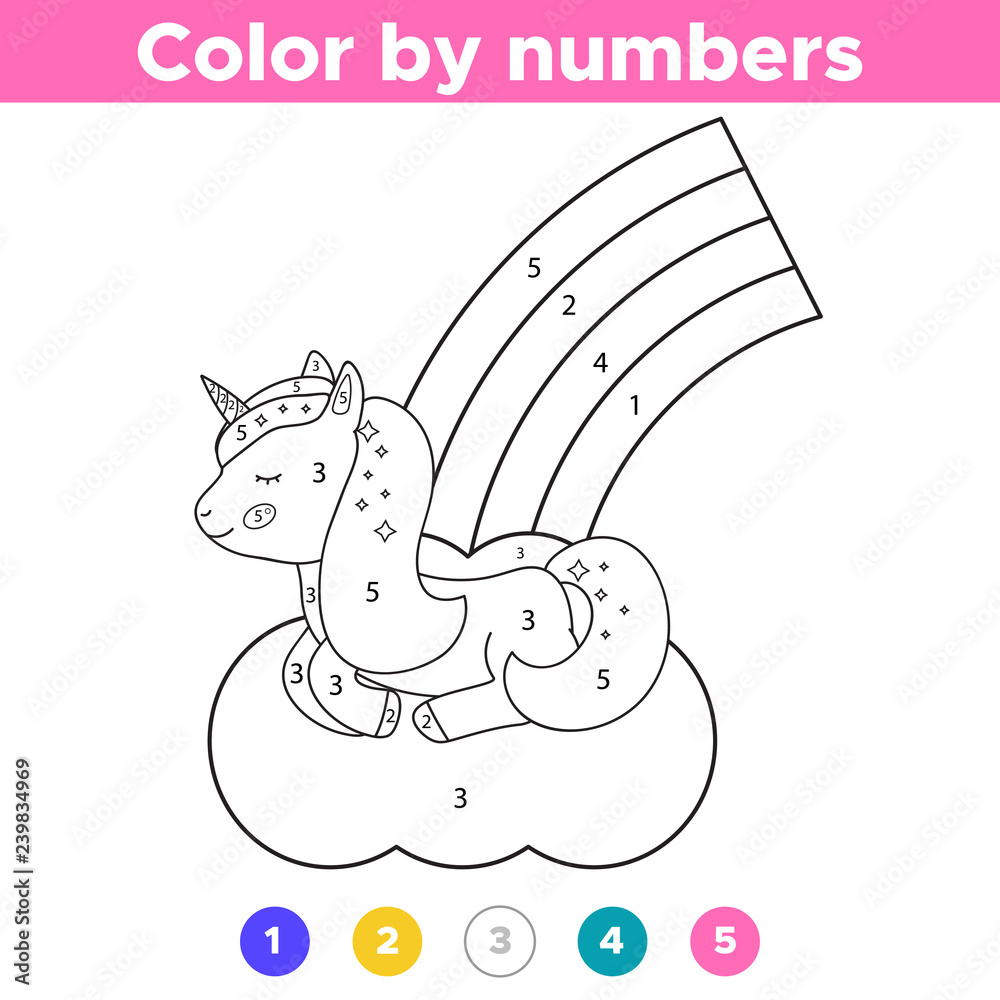 Numbers coloring page. Cute cartoon unicorn sleep on cloud with rainbow ...