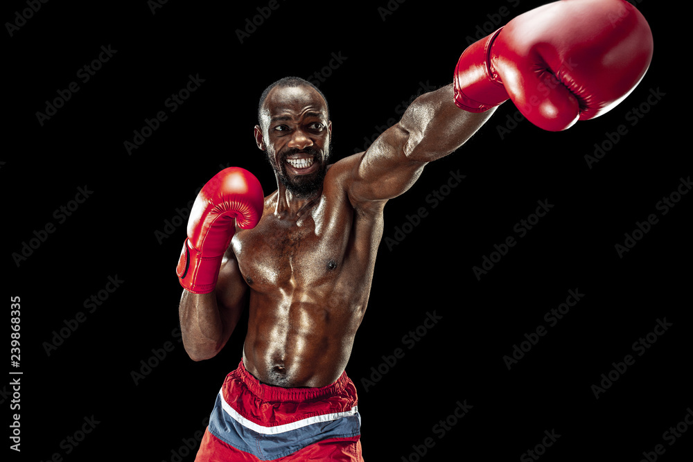 Hands of boxer over black background. Strength, attack and motion ...