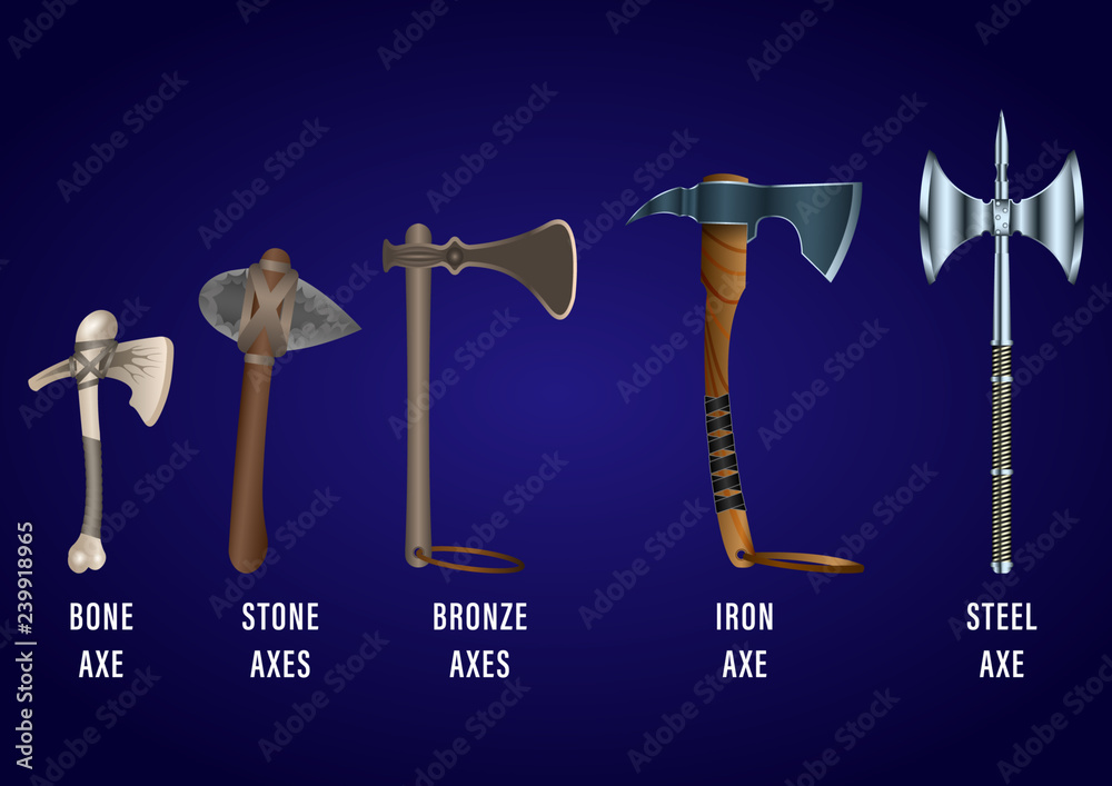 realistic set of historical fighting axes: bone, stone, bronze, iron ...