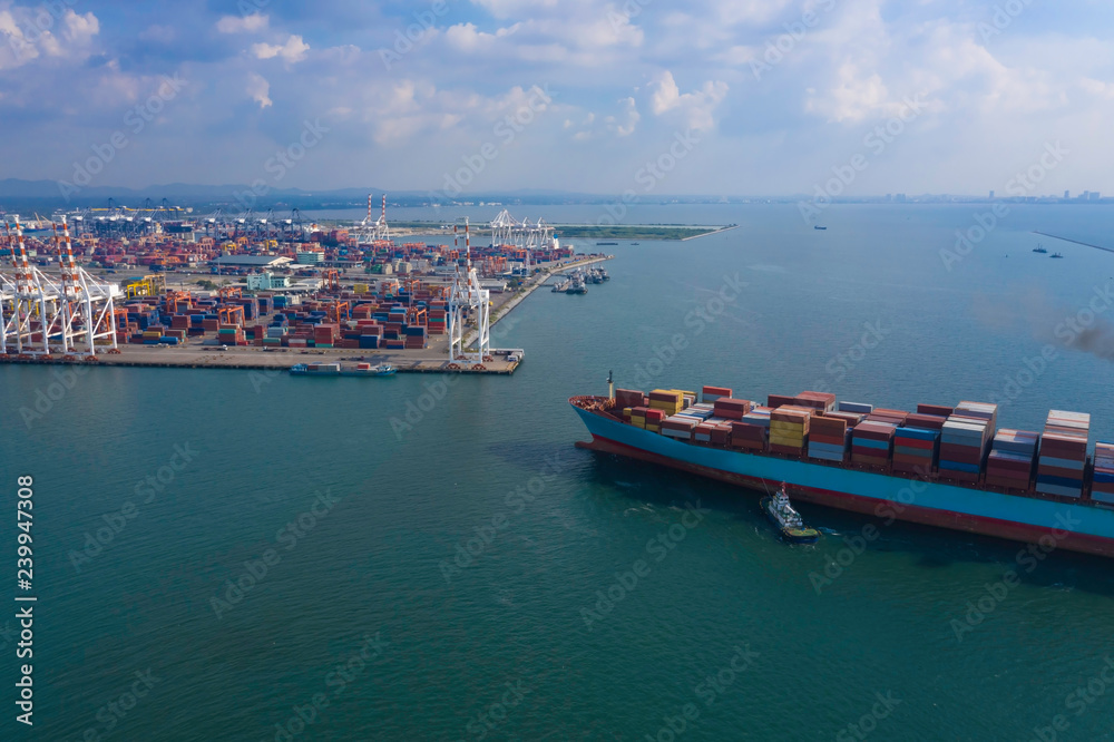 Foto de Stock Harbor with Ship and Business Logistics Cargo concept and ...