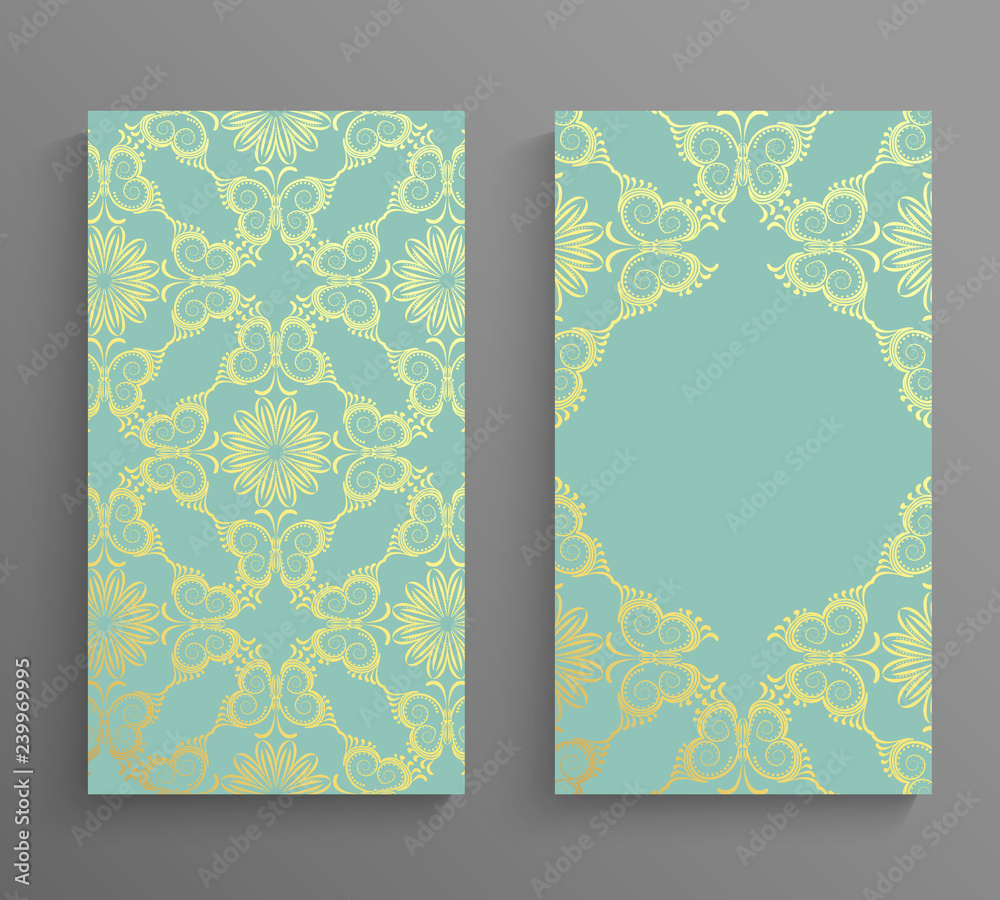 Ornamented covers design in gold and turquoise colors. Greeting cards ...
