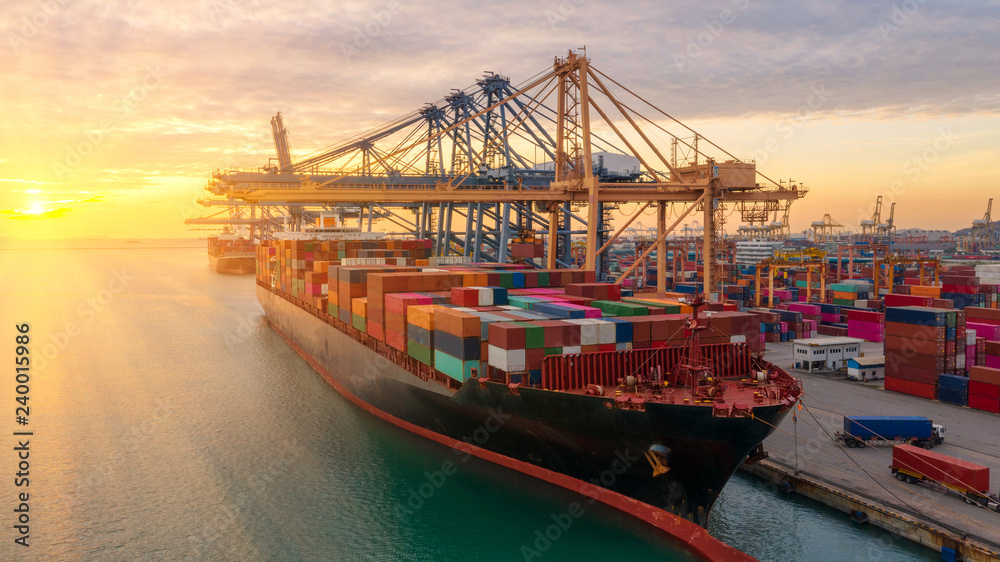 Container ship in export and import business logistics and ...