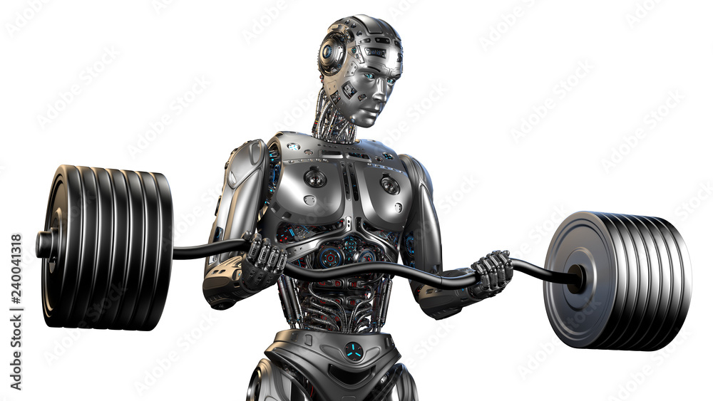 Futuristic robot man working out with barbell. Very strong cyborg ...