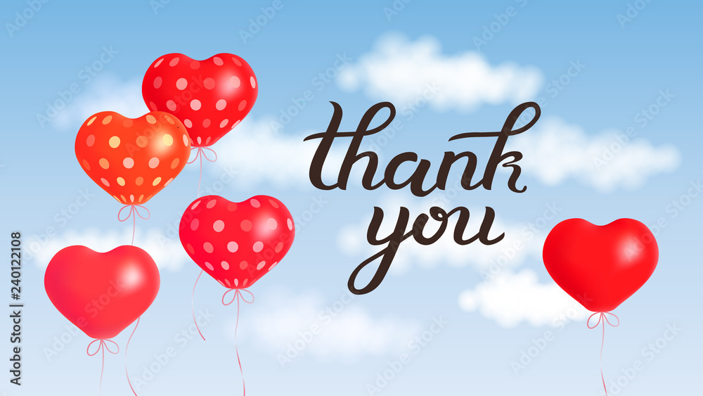 Thank you calligraphy hand lettering with red heart shape balloon ...
