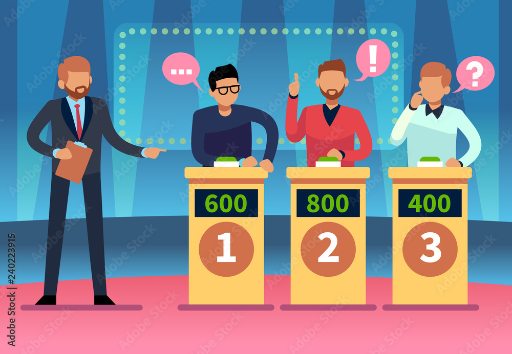 Game quiz show. Clever young people playing television quiz with ...