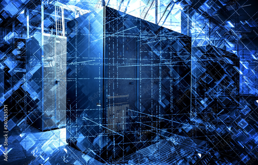 binary code and extruded chaotic cubes on background of modern data center servers, the concept ...
