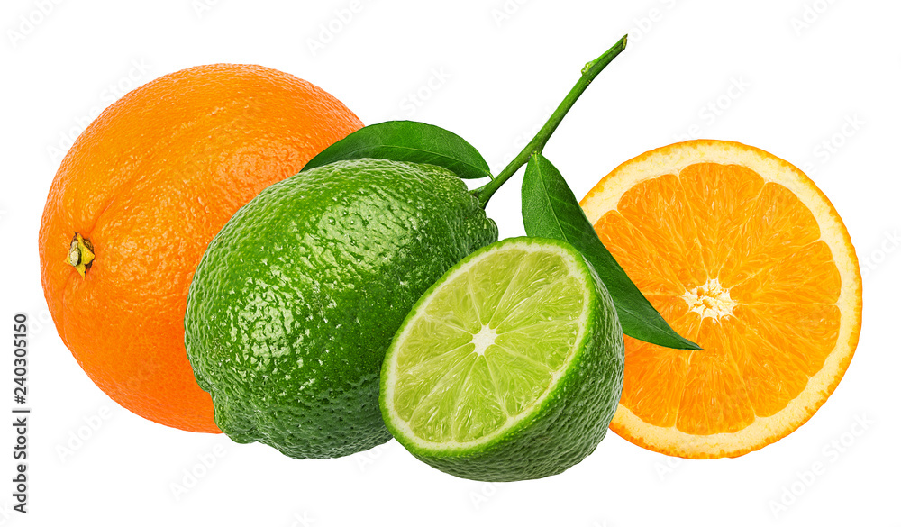 Fresh lime and orange isolated on white background with clipping path ...