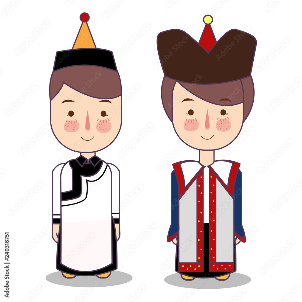 Mongolian boy and girl in national costume and hat. Cartoon children in ...