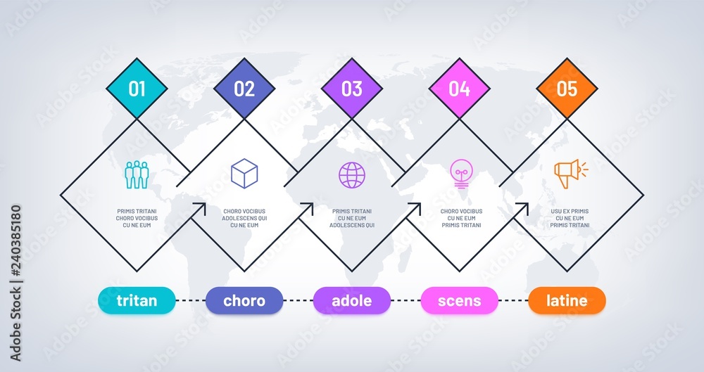 Timeline infographic. History process chart with 5 steps on world map ...