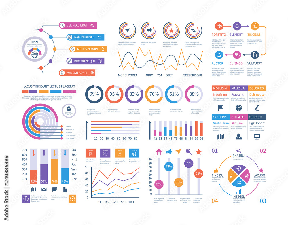 Infographic dashboard. Ui interface, information panel with finance ...