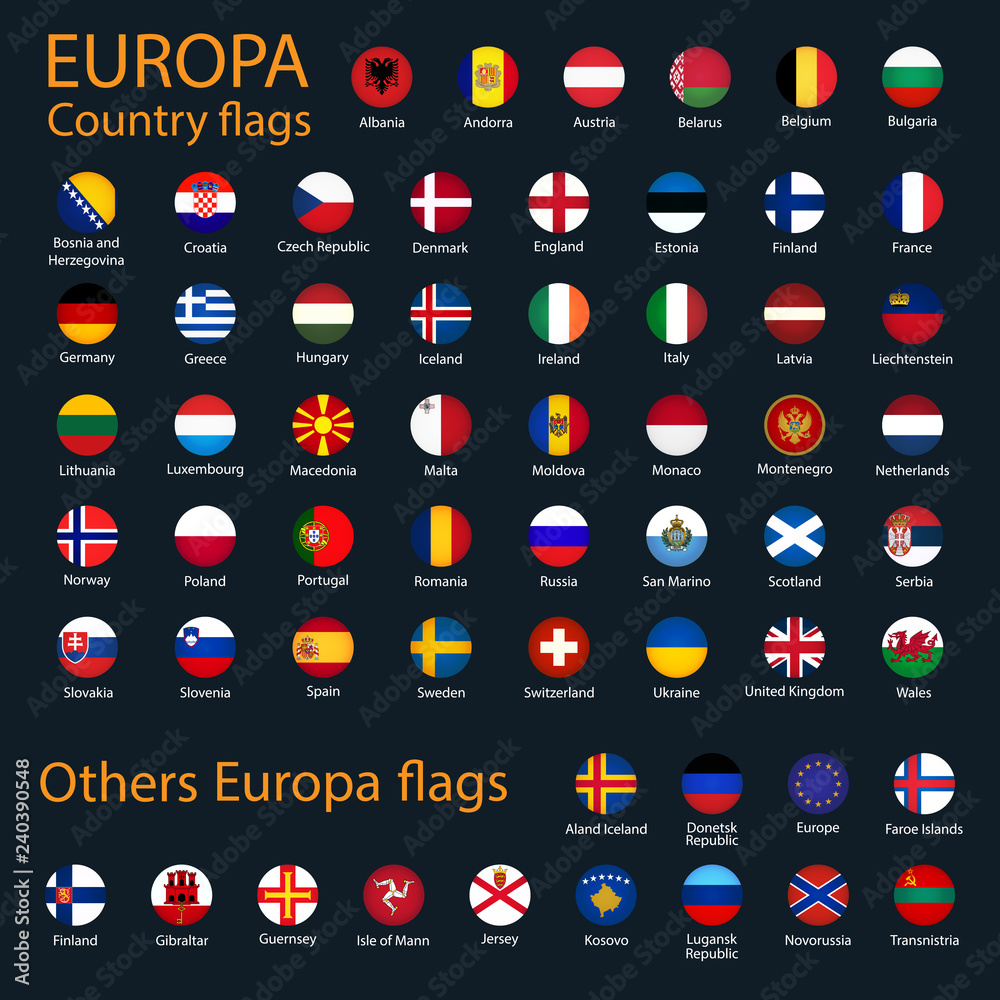 All flags of Europe complete collection vector set isolated on black ...