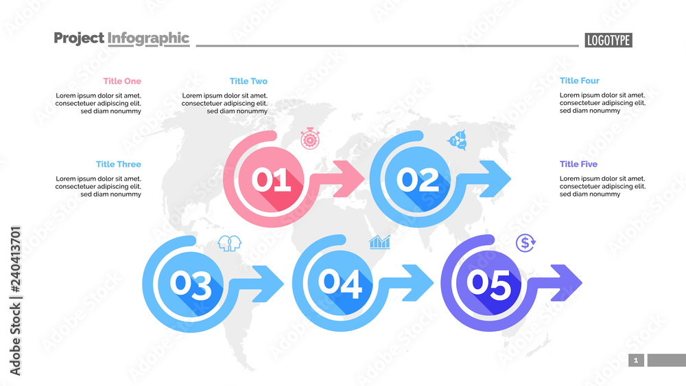 Five options process chart slide template. Business data. Flow, point ...