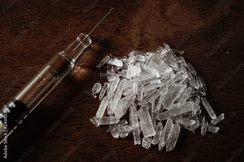 Hard crystal drugs and prohibited substances, syringes, cooked heroine ...