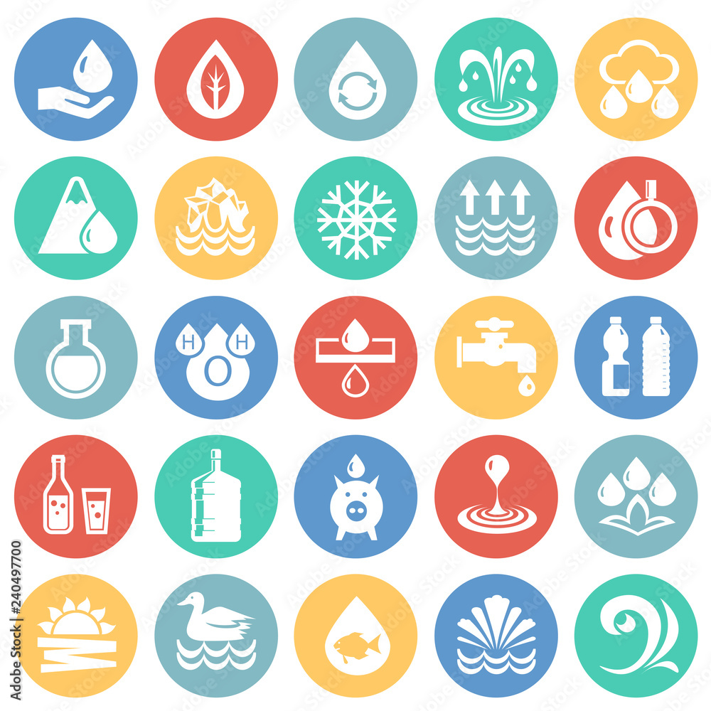Water icon set on color circles background for graphic and web design ...