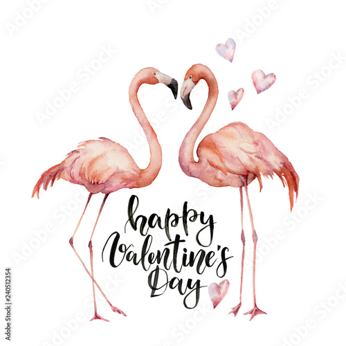 Watercolor Happy Valentine's Day card. Hand painted Flamingo couple ...