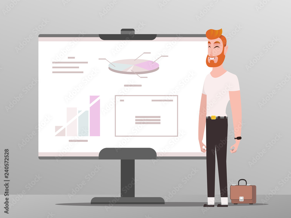 Young man in business suit making presentation. Businessman CEO ...