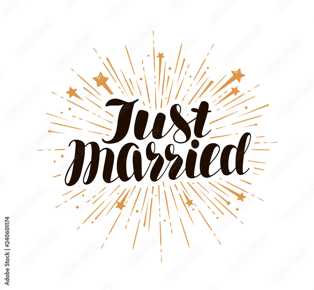 Vector de Stock Just married, lettering. Marry, wedding card and ...