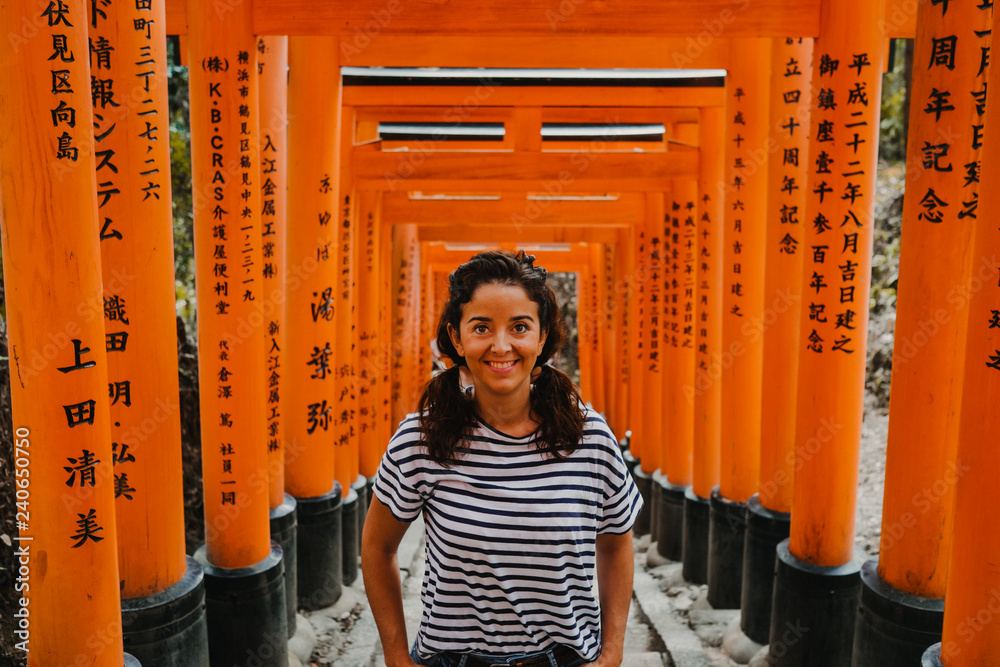 Young occidental woman doing sightseeing in the Fushimi Inari-taisha ...