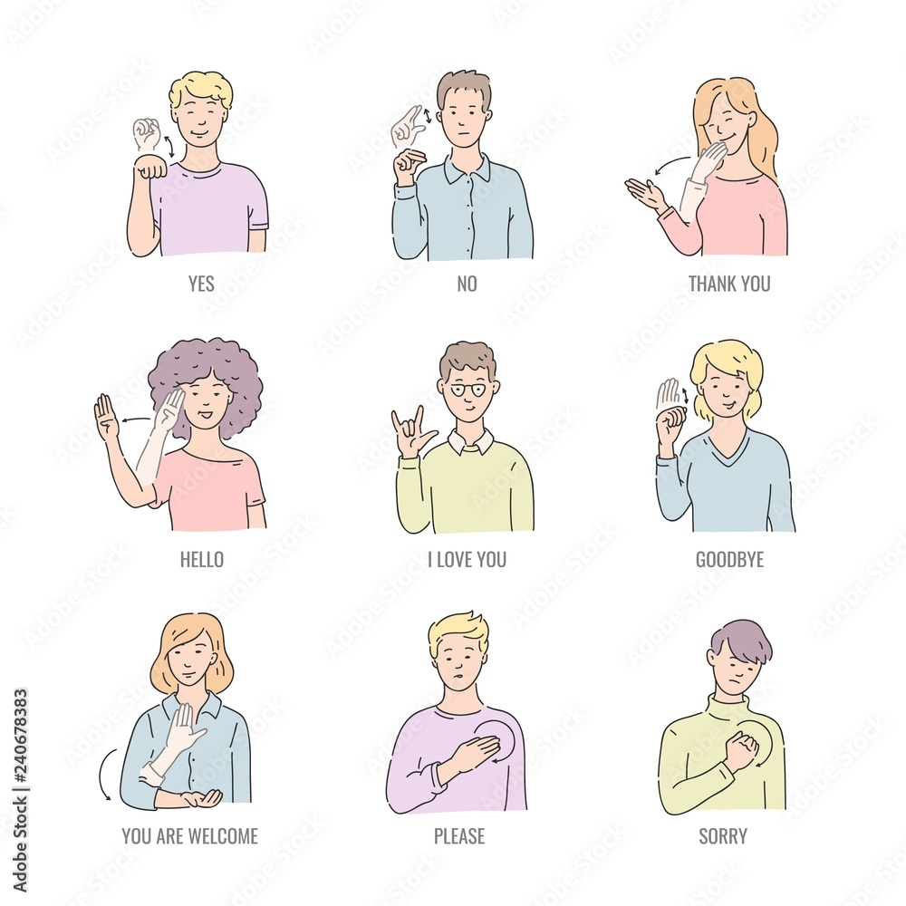 Deaf english basic words in line art isolated on white background ...