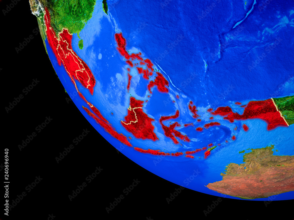 Ilustração ASEAN memeber states on realistic model of planet Earth with ...