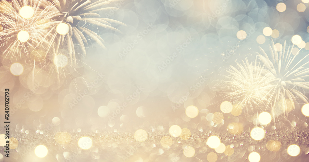 Gold Vintage Fireworks and bokeh in New Year eve and copy space ...
