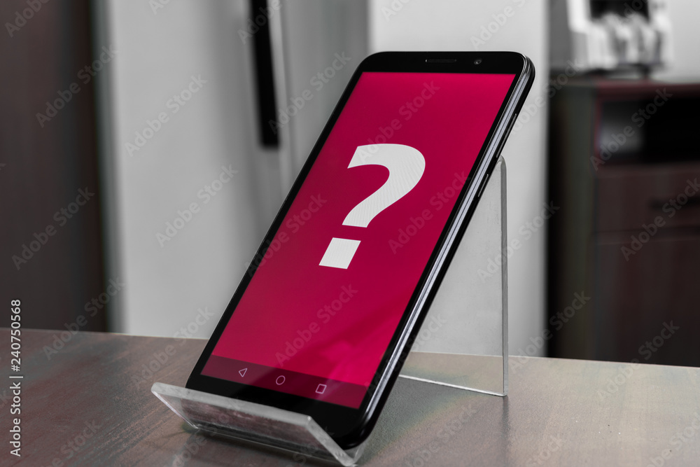 Black smartphone with a question mark on the screen. Concept for ...