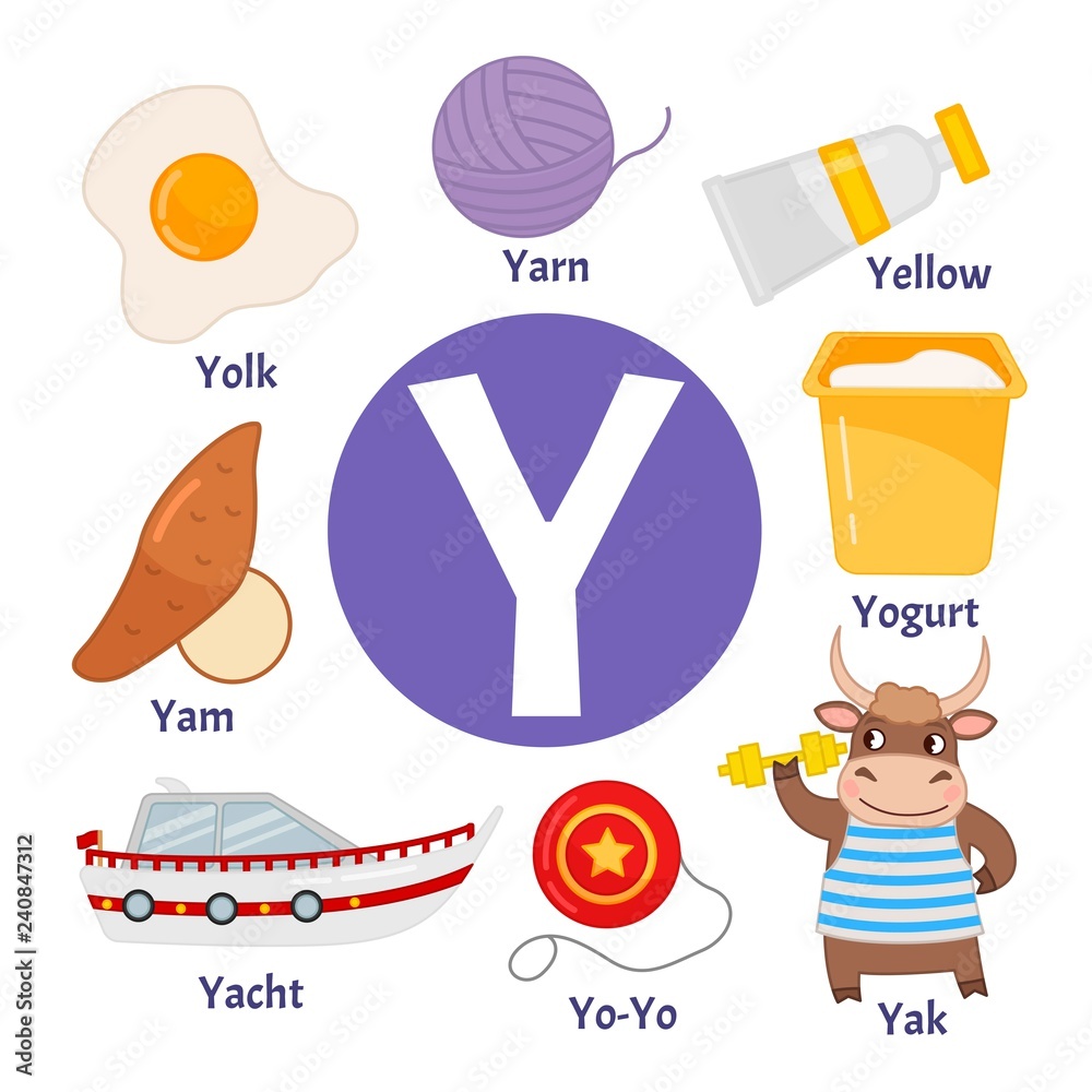 Vector cute kids animal alphabet. Letter Y. Set of cute cartoon ...