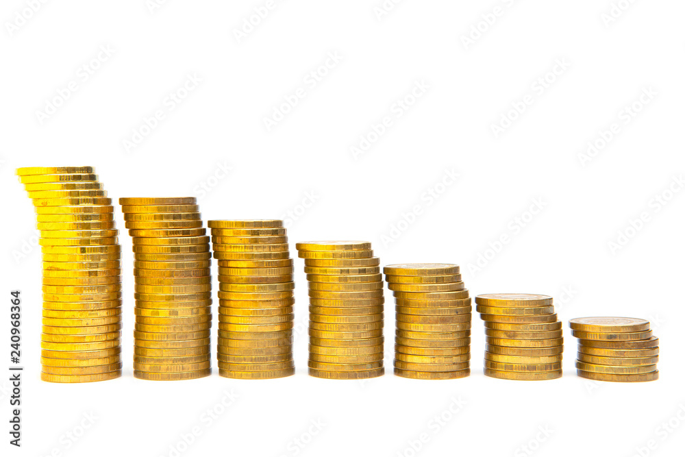 Gold coin stacks graph isolated on white Stock Photo | Adobe Stock