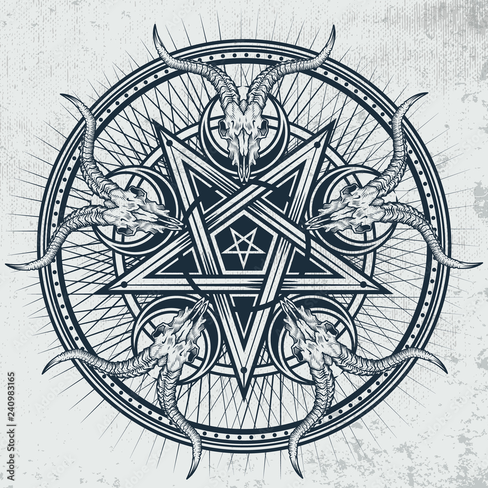 Stylish pentagram with goat skulls and star rays. Vector hand crafted ...