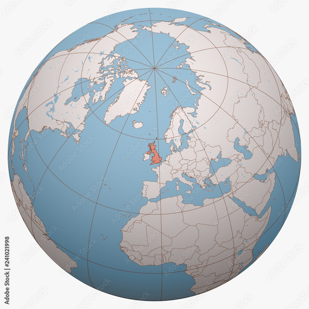 United Kingdom (UK) on the globe. Earth hemisphere centered at the ...