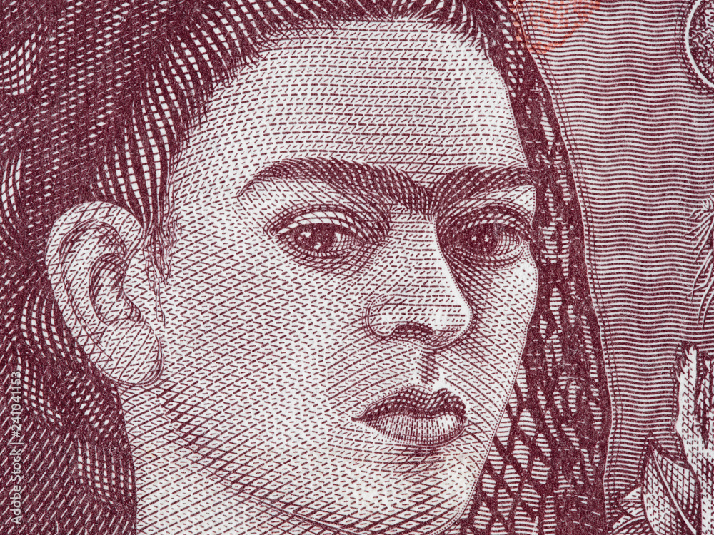 Frida Kahlo portrait on Mexico 500 peso bill, extreme macro. Famous ...