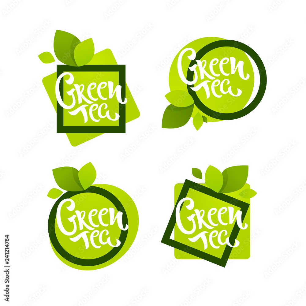 Geometrical Green Tea labels, Logo, Emblems and Tags with Green Leaves ...