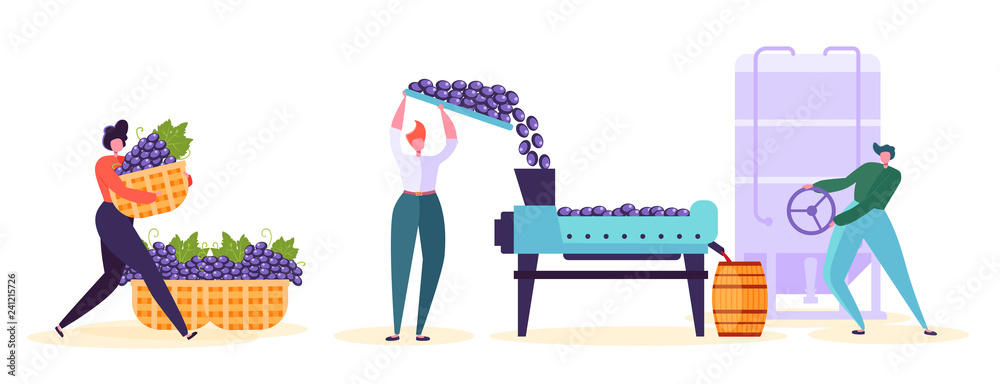 Red Wine Production Factory Character Set. Winery Process Line Infographic Collection. Winemaker ...