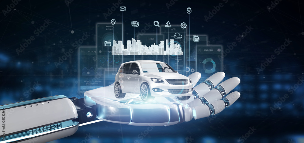 Cyborg hand holding Dashboard smartcar interface with multimedia icon ...