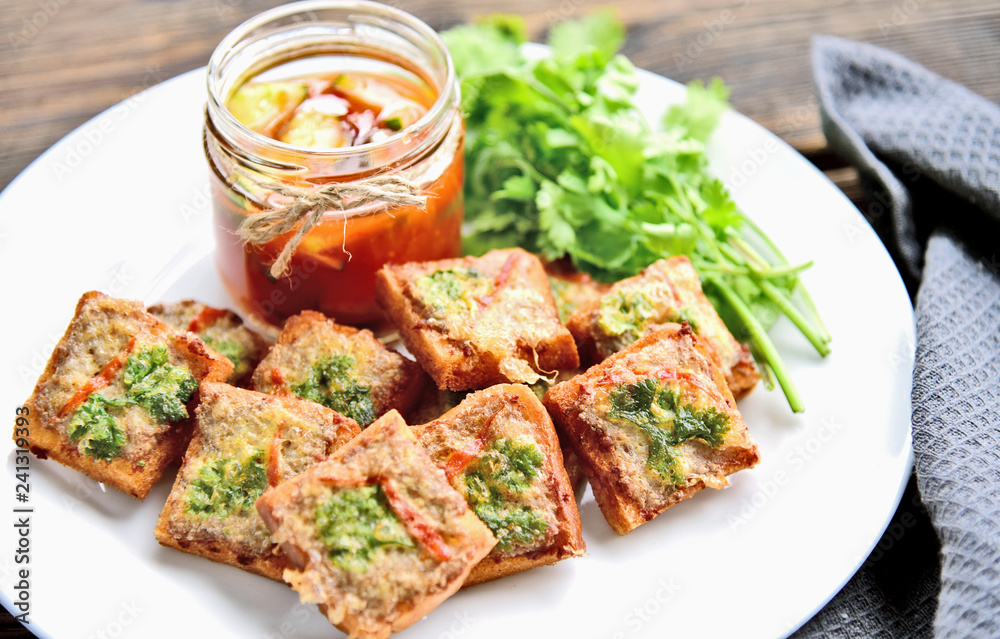 Fried toasts with Minced Pork Spread with chili sauce (Thai Pork Toast ...