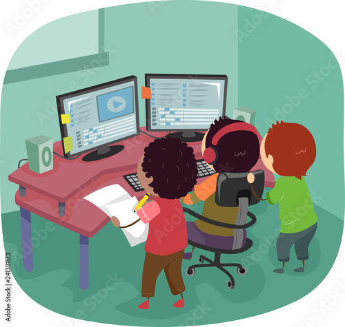 Stickman Kids Editing Video Multiple Screen Stock Vector | Adobe Stock