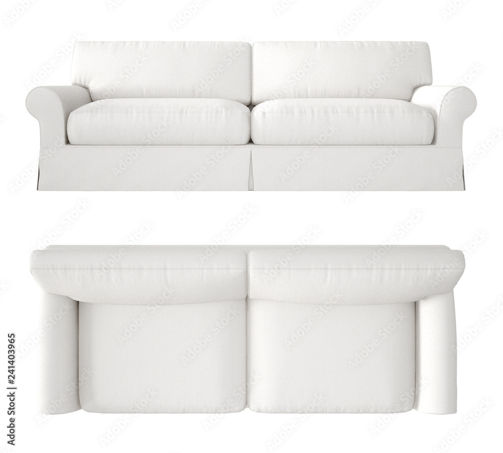 Single white fabric modern sofa isolated on blank background, top and ...