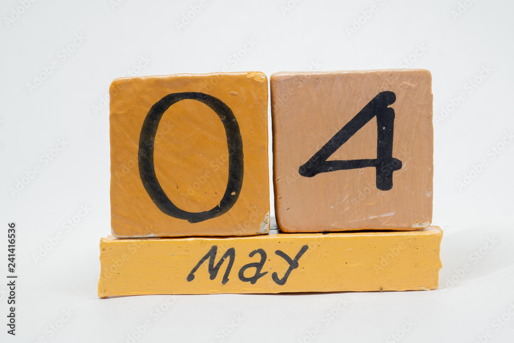 may 4th. Day 4 of month, handmade wood calendar isolated on white ...