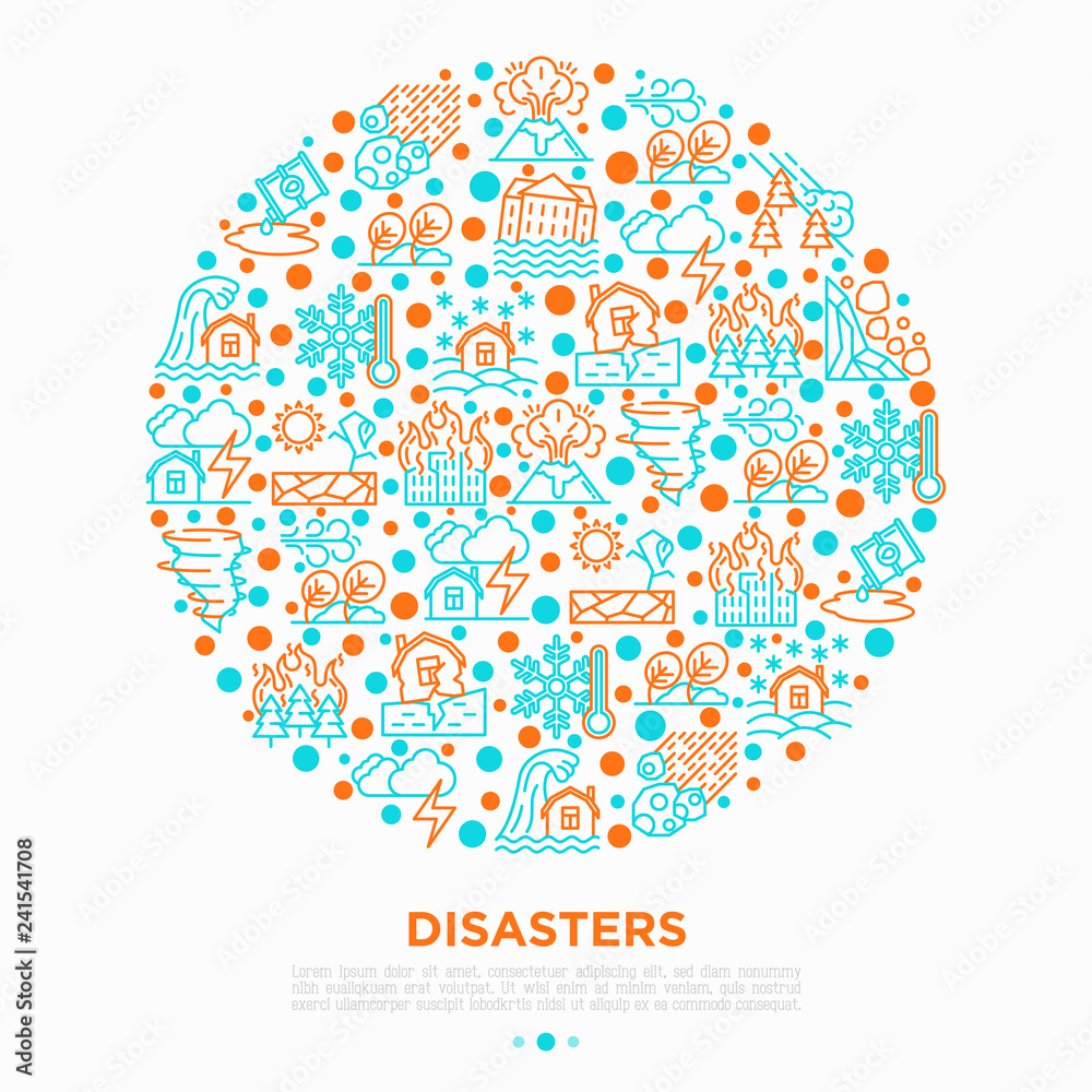 Disasters concept in circle with thin line icons: earthquake, tsunami ...