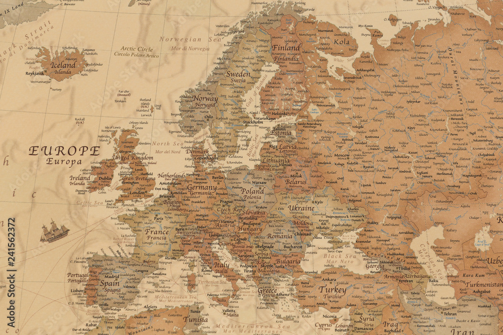 Ancient geographic map of Europe with names of the countries Stock ...